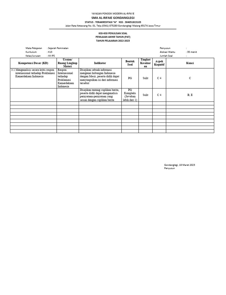 Format Kisi-Kisi PAT 2022-2023 | PDF
