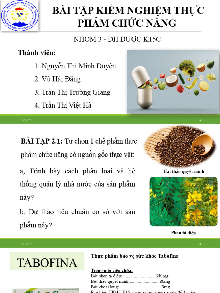 Nhóm 3 ĐH Dược K15C KN Thực Phẩm Chức Năng | PDF