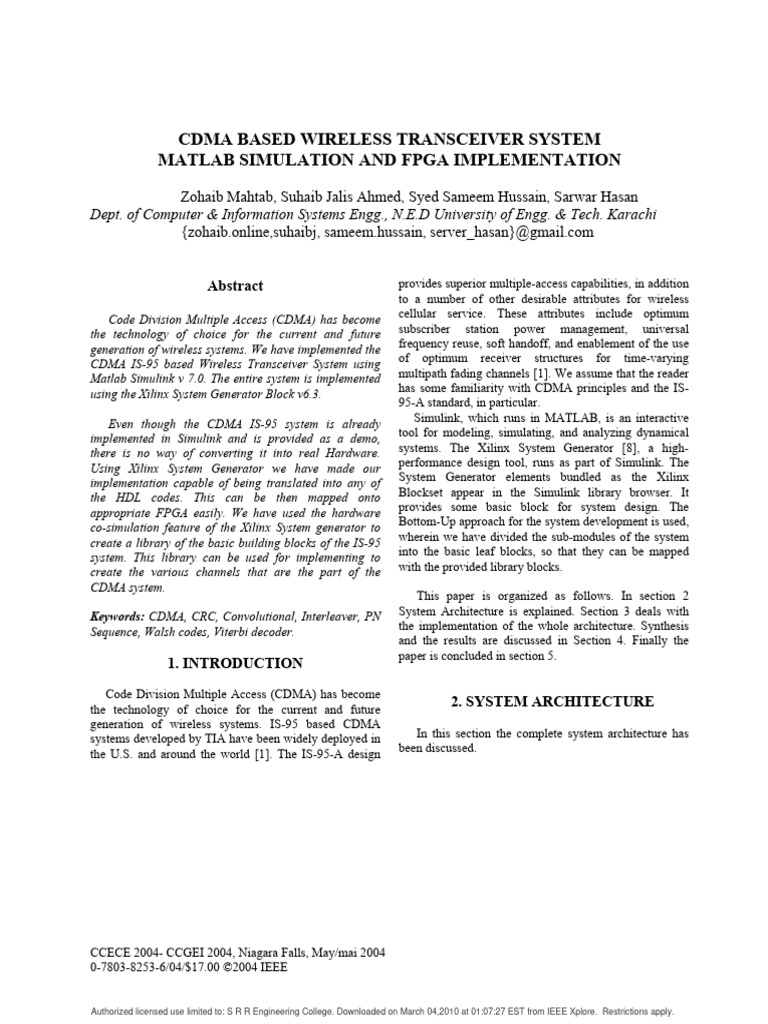 Cdma Based Wireless Transceiver System Matlab Sim & Fpga Imp | PDF | Computer Science ...