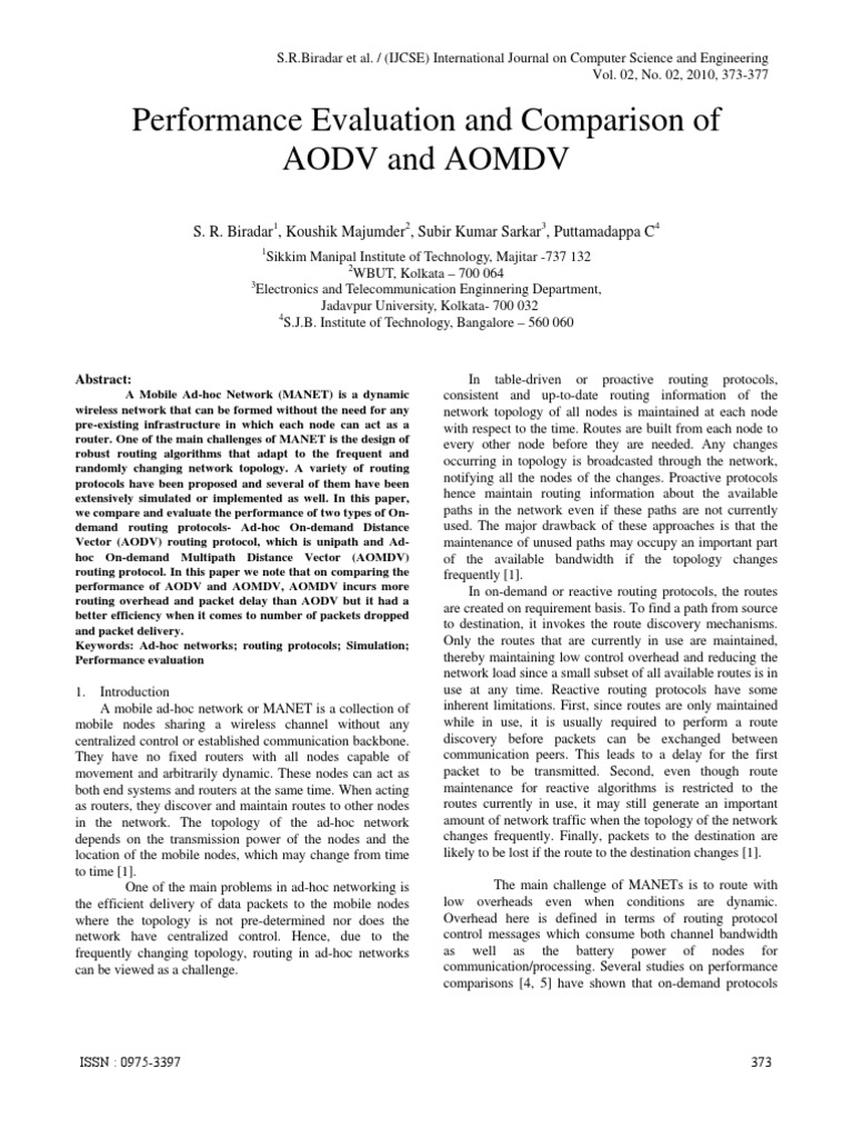 Performance Evaluation And Comparison Of Aodv And Aomdv Pdf Routing Wireless Ad Hoc Network