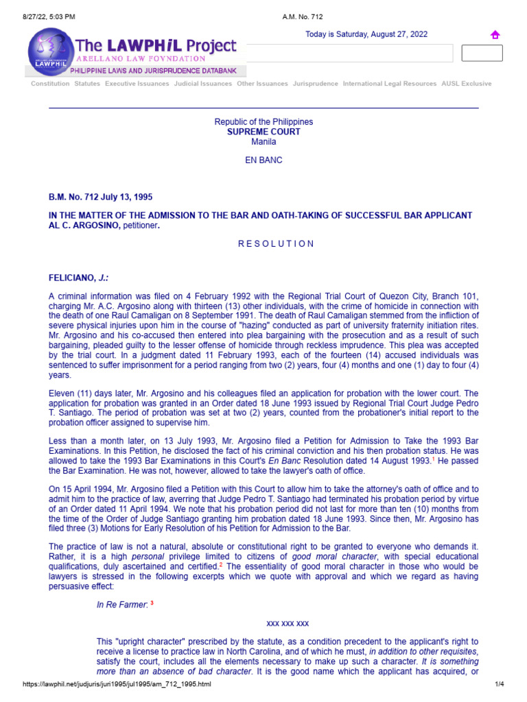 Bar Admission Case: Argosino's Homicide Conviction | PDF | Lawyer ...