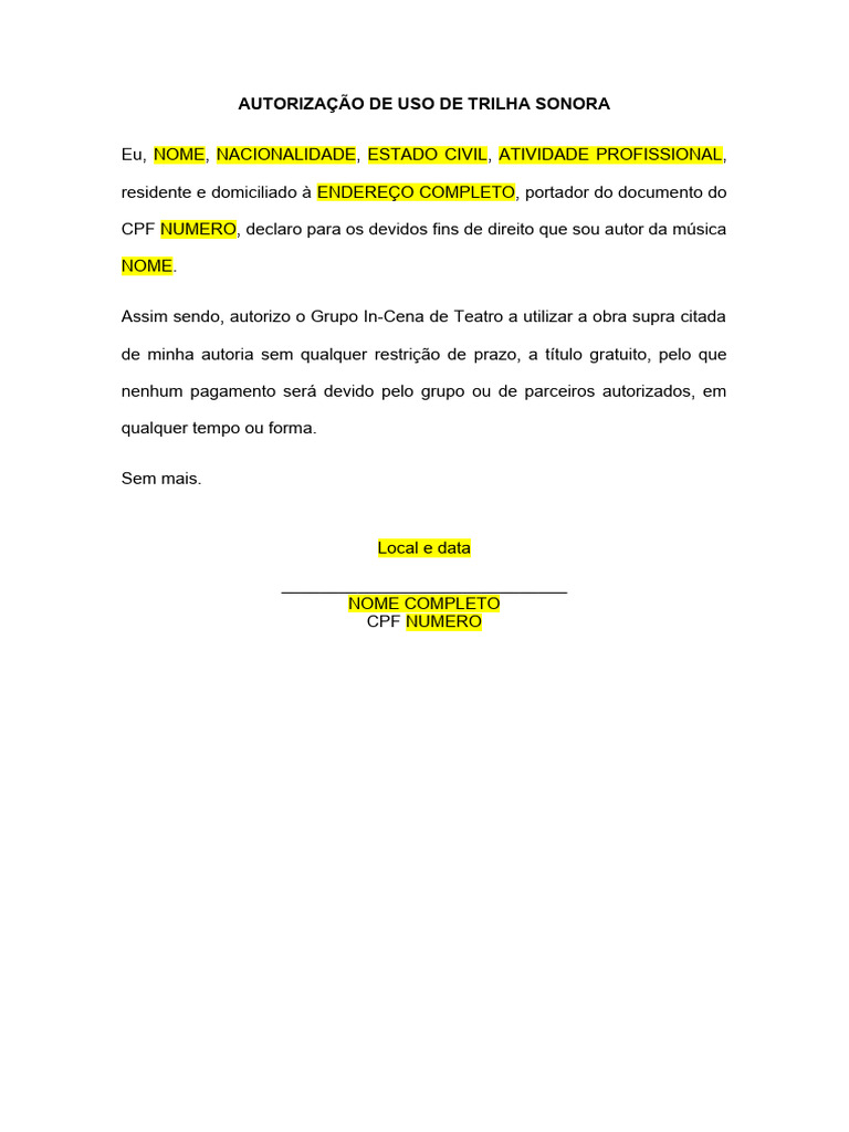 Autorização De Uso De Trilha Sonora Modelo Pdf