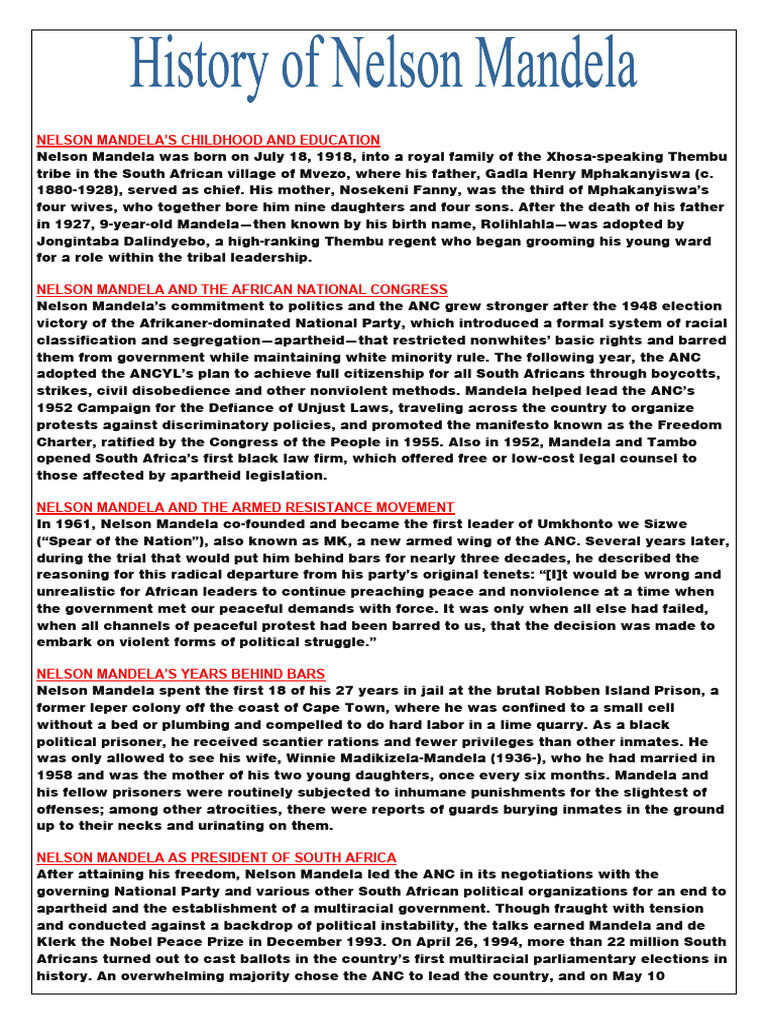 History of Nelson Mandela | PDF | Nelson Mandela | African National Congress