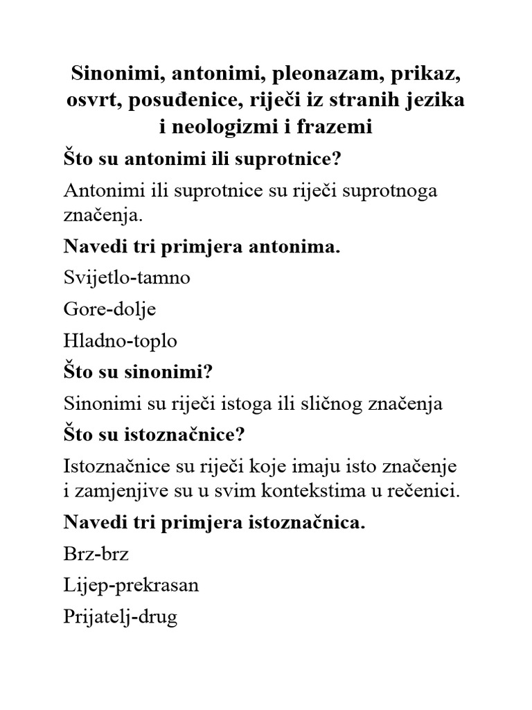Sinonimi, Antonimi I Pleonazam | PDF