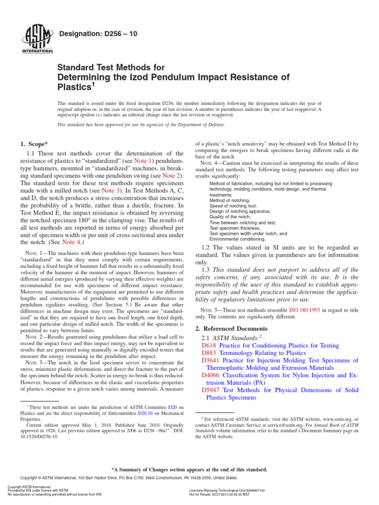 ASTM D256-10 - Standard Test Methods For Determining The Izod Pendulum ...