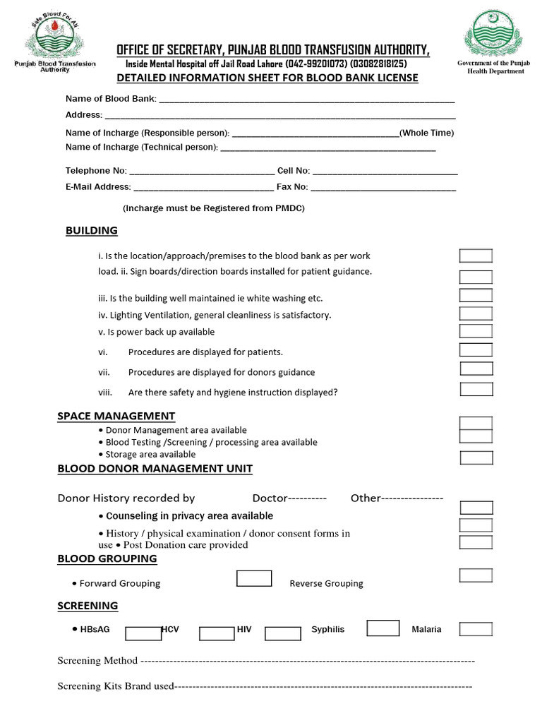 Detailed Information Sheet For Blood Bank - 0 - 0 | PDF | Blood ...