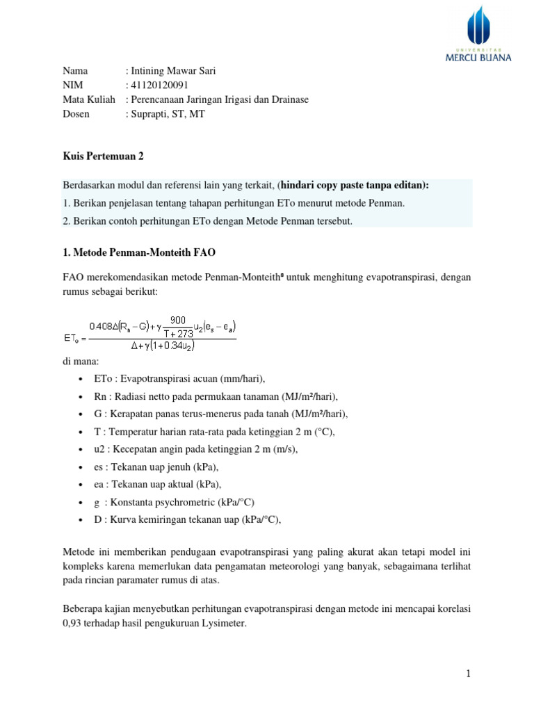 Kuis 2 - Perencanaan Jaringan Irigasi Dan Drainase TB - Intining Mawar ...