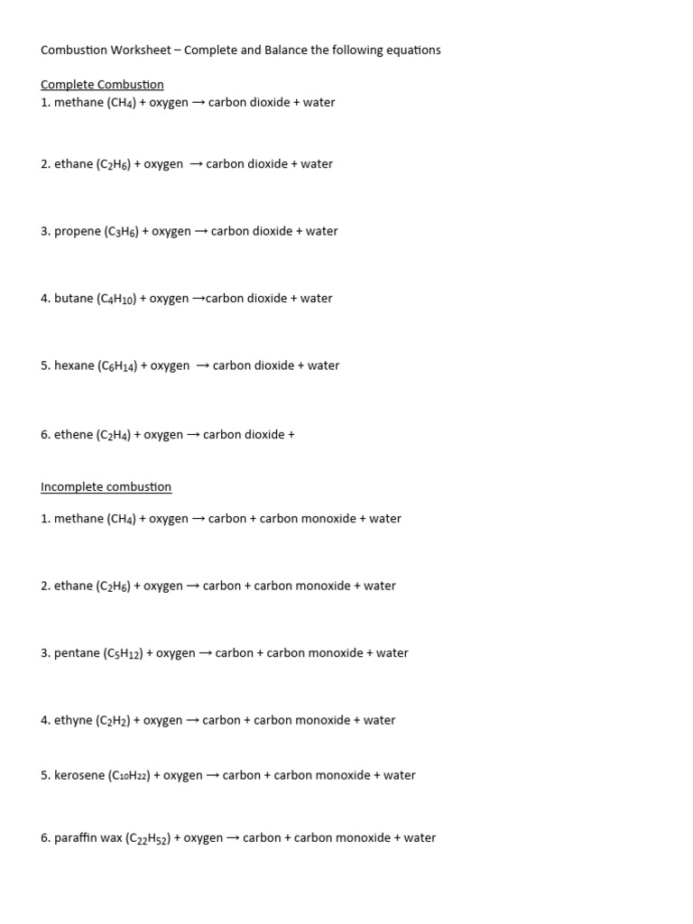 Combustion Equations Worksheet | PDF | Science & Mathematics ...