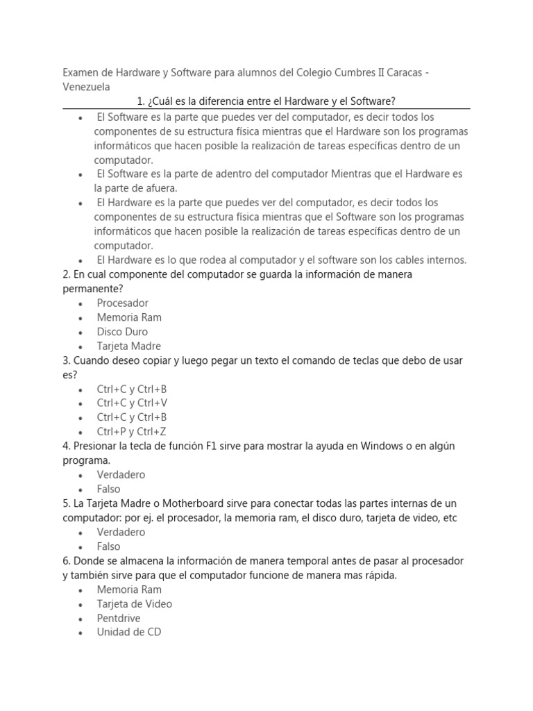 Examen de Hardware y Software para Alumnos Del Colegio Cumbres II Caracas | PDF | Hardware de la ...