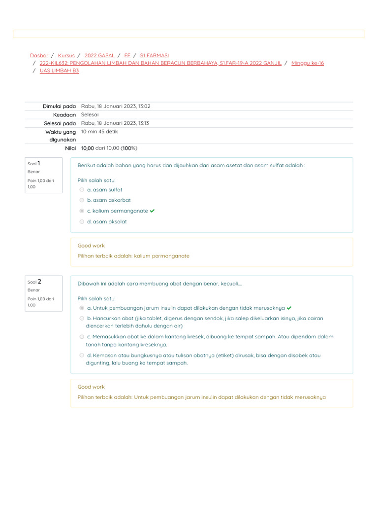 UAS LIMBAH B3 - Ulasan Hasil Pengerjaan Kuis | PDF