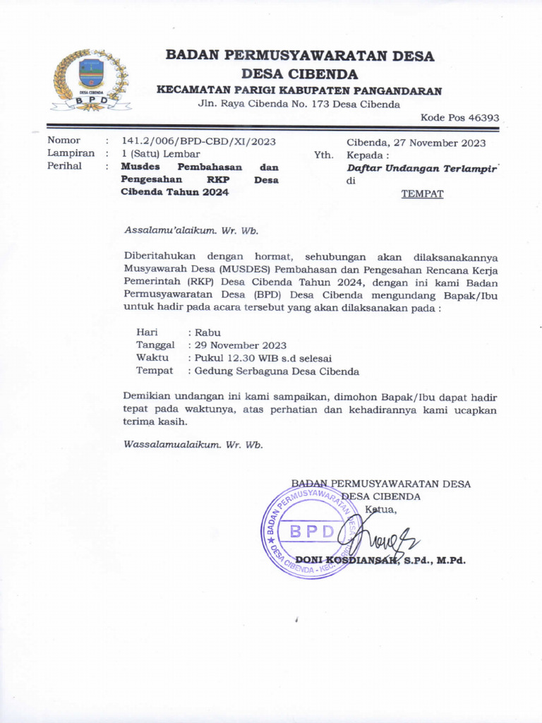 Undangan Musdes RKP Desa Tahun 2024 - PLD | PDF