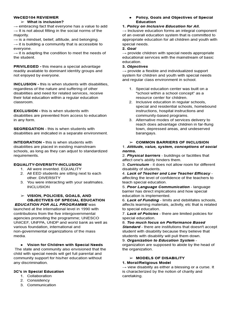 CED104 Reviewer | Download Free PDF | Special Education | Disability