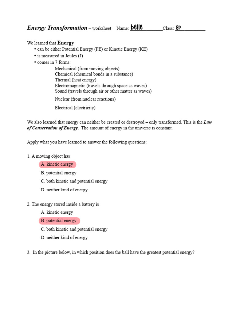 Energy Transformation Worksheet | PDF | Potential Energy | Kinetic Energy