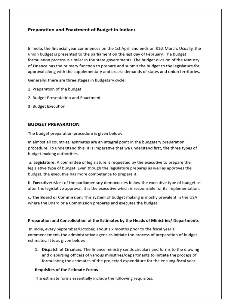 Budget Preparation and Enactment in India | PDF | Bill (Law) | Budget