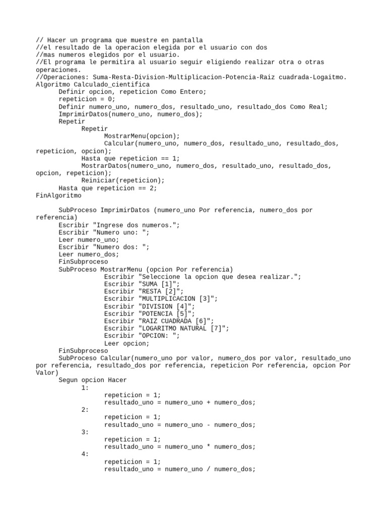 Codigo de Calculadora en PSeint | PDF | Programación de computadoras ...