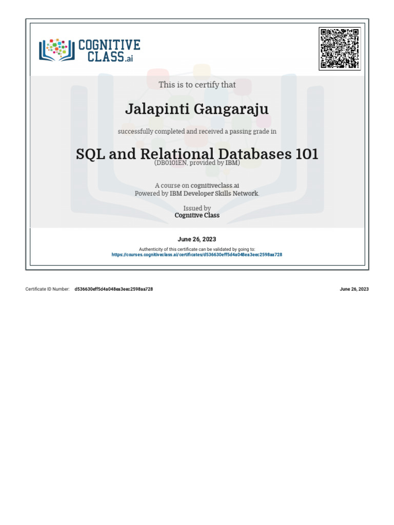 IBM DB0101EN Certificate - Cognitive Class | PDF IBM DB0101EN Certificate - Cognitive Class | PDF