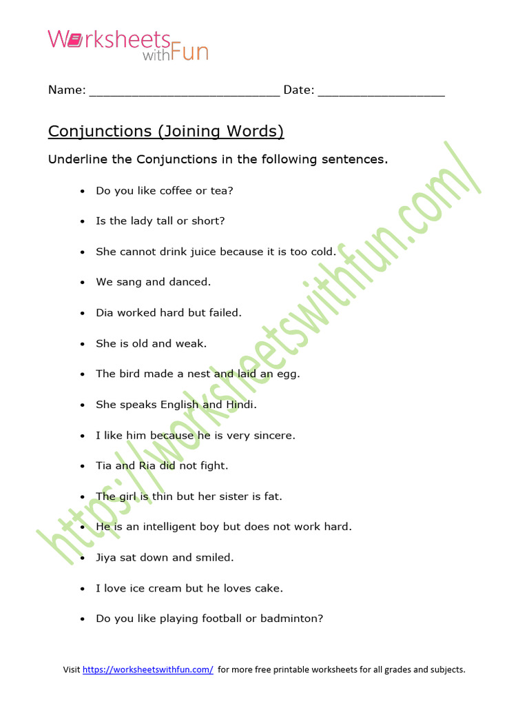 Conjunctions (Joining Words) Worksheet 1 | PDF | Language Arts & Discipline