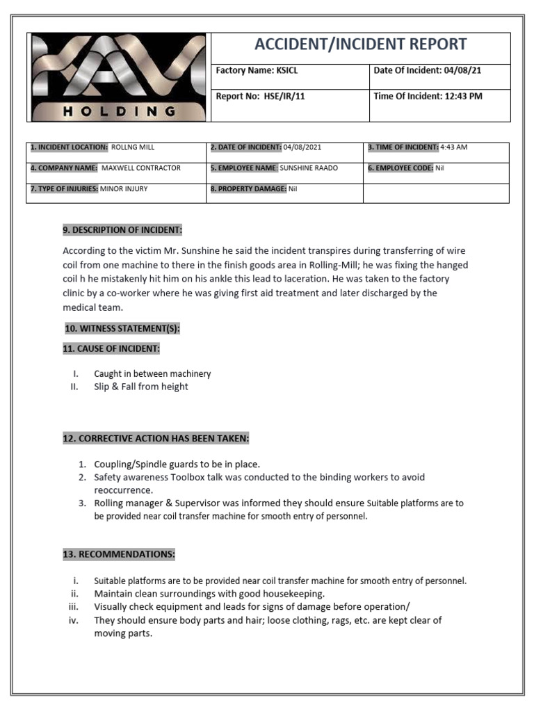Factory Safety Incident Report | PDF | Safety