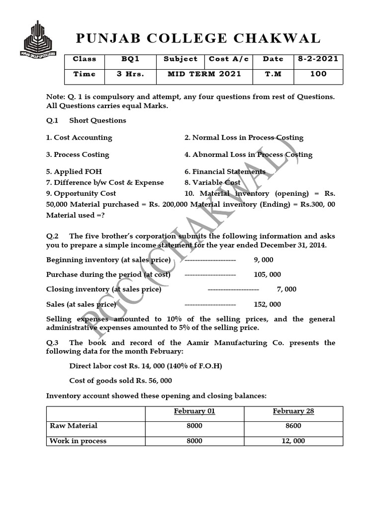Cost Accounting Midterm Exam 2021 | PDF | Cost | Cost Of Goods Sold