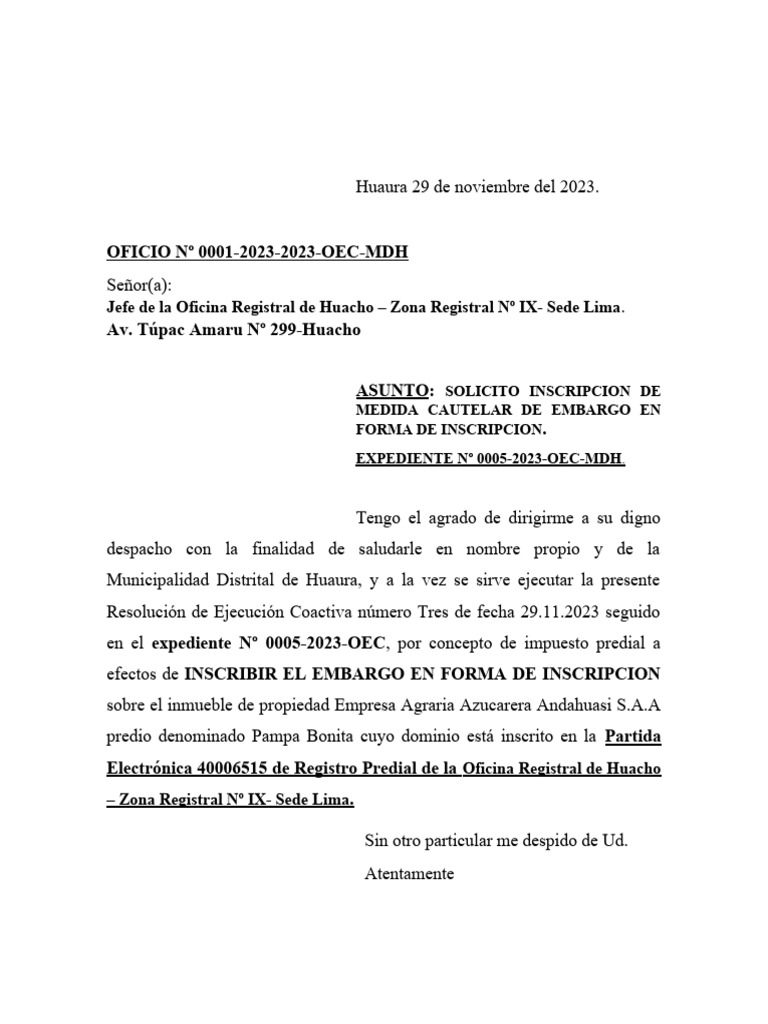 CARTA DE Solicitud Inscripcion de Embargo Registros Publicos | PDF