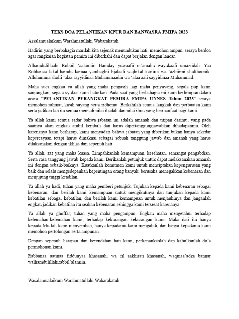Teks Doa Pelantikan Kpur Dan Banwasra Fmipa 2023 | PDF