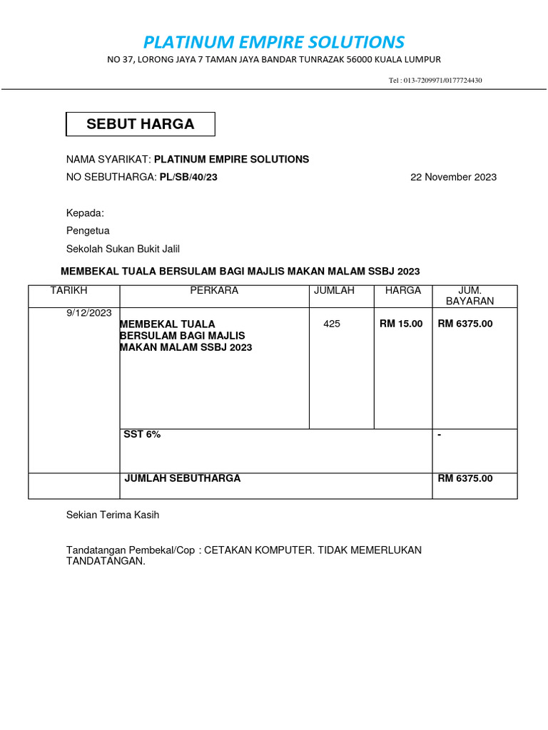 Sebut Harga Tuala Dinner | PDF
