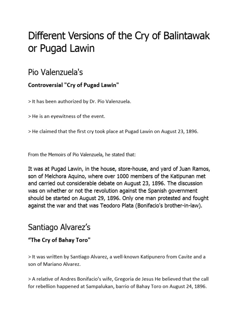 Different Versions of The Cry of Balintawak or Pugad Lawin: Pio ...