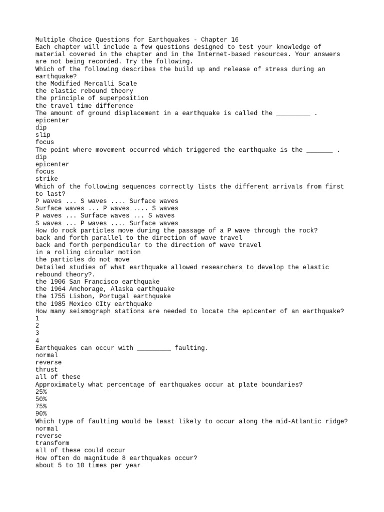 Earthquake MCQs: Knowledge Assessment | PDF | Earthquakes | Fault (Geology)