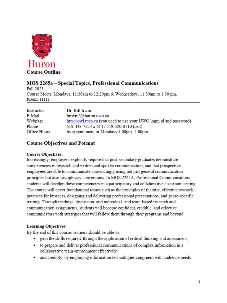 Professional Communications Course Outline | PDF | Learning | Communication