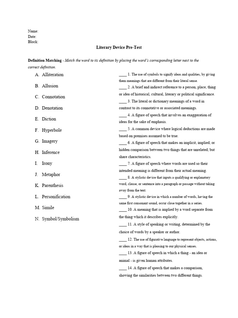 Literary Device Pre-Test | PDF | Semiotics | Persuasion