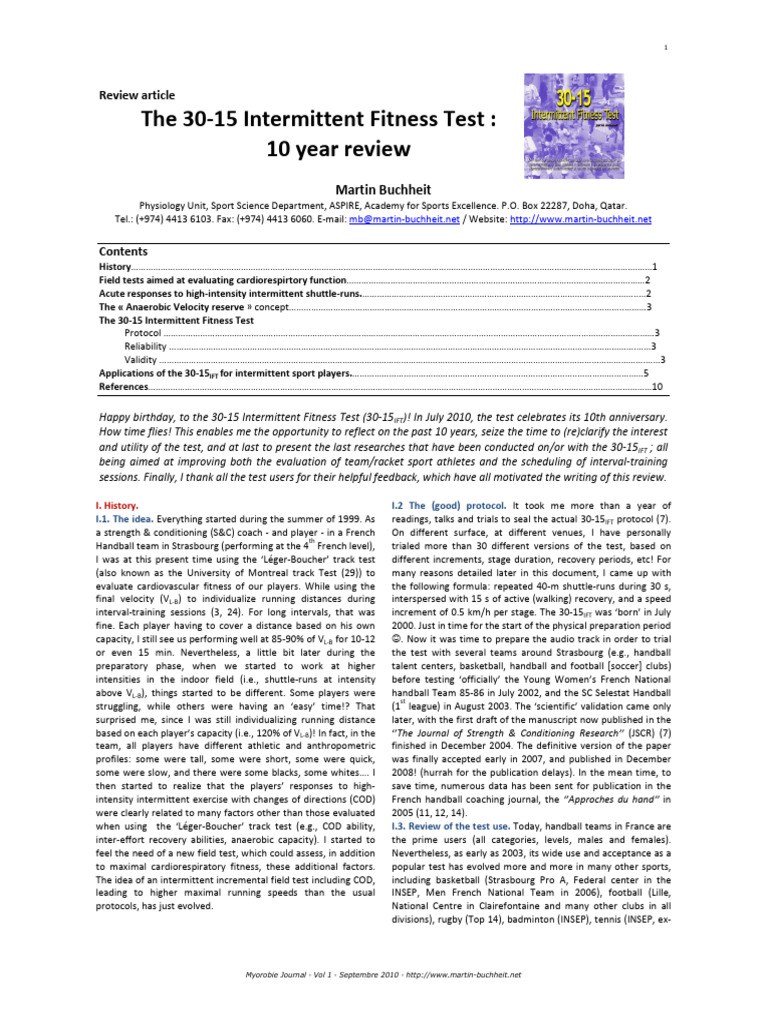 (2010) The 30-15 Intermittent Fitness Test - 10 Year Review | PDF ...