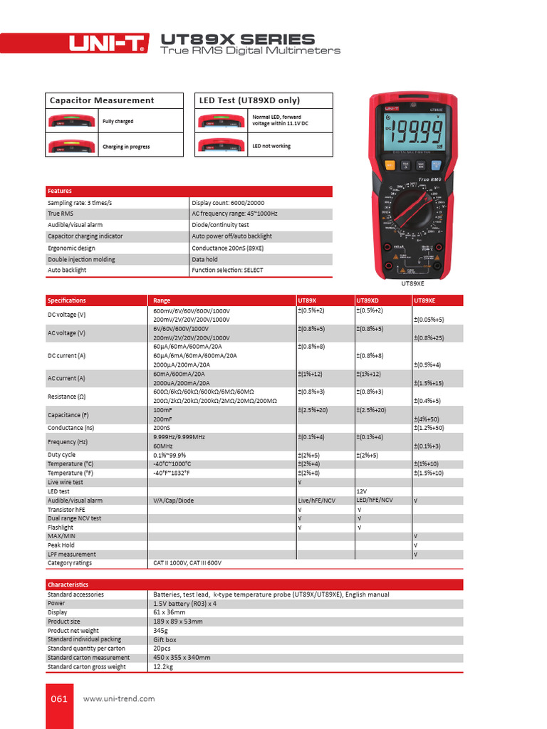 Ut89X Series: True RMS Digital Multimeters | PDF | Physical Quantities | Manufactured Goods