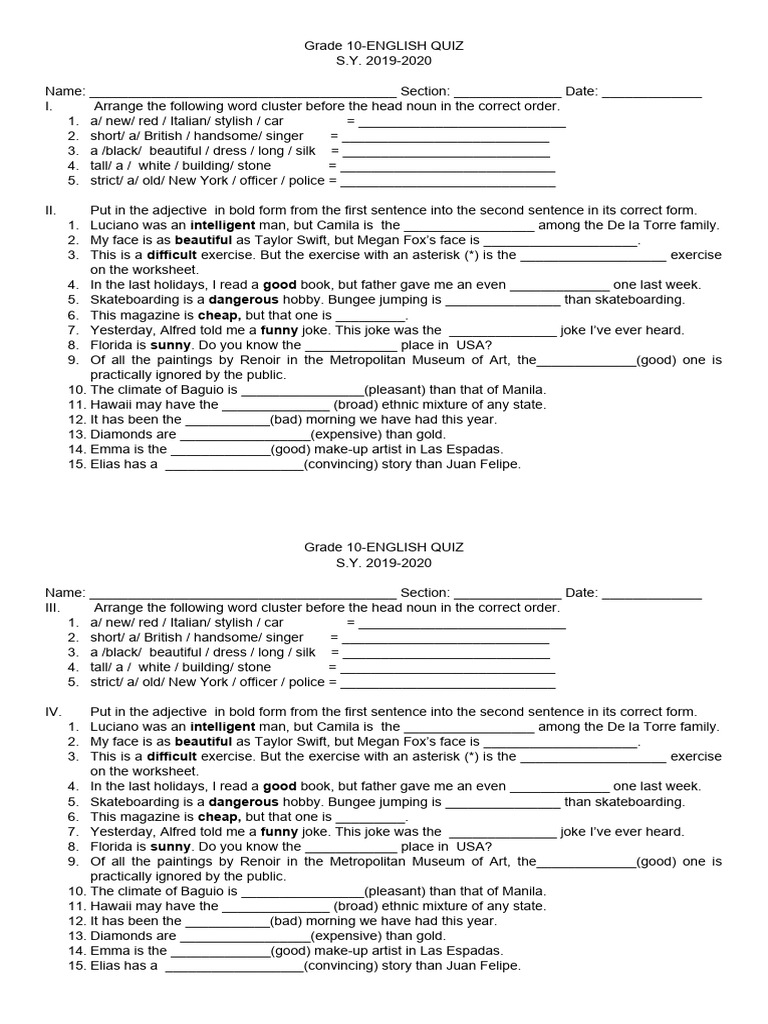 Adjective Quiz G10 | PDF | Linguistic Typology | Syntax