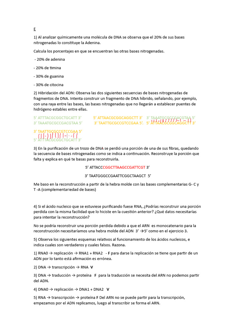 Ejercicios Repaso Unidad 2 | PDF | Rna | Adn