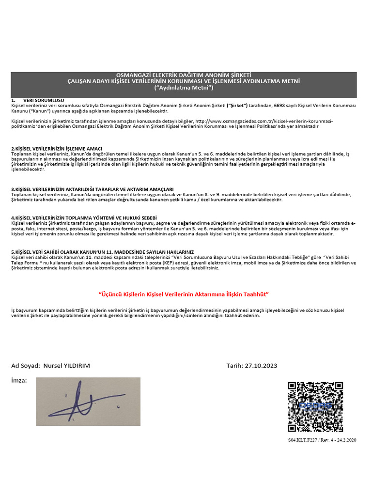 S04.KLT.F227 - 4 İş Başvuru Formu - Nursel Yıldırım | PDF