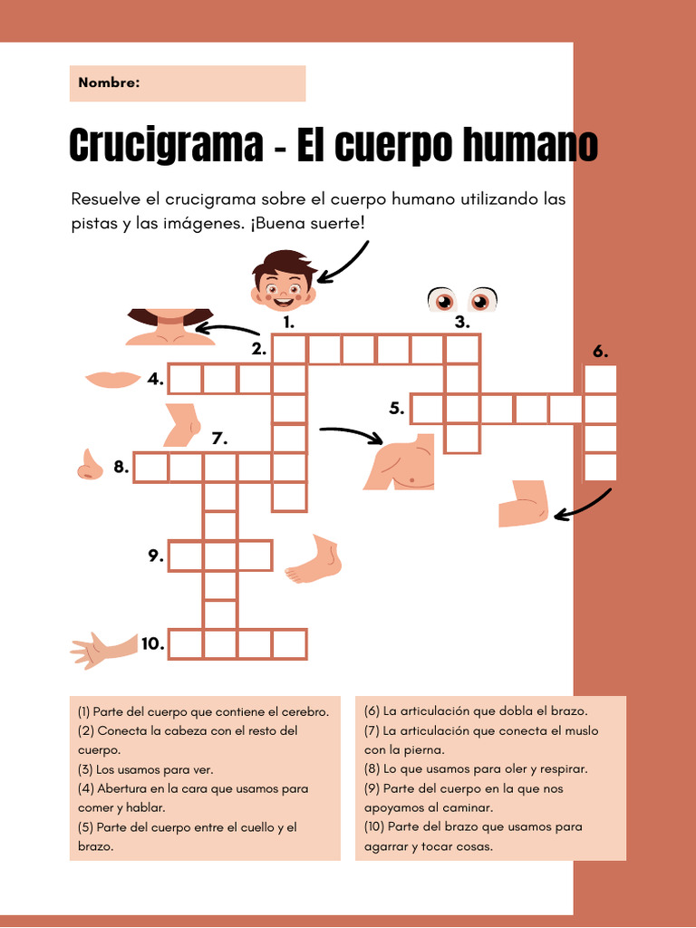 El Cuerpo Humano Crucigrama Ficha de Ejercicios Marrón Ilustrativo ...