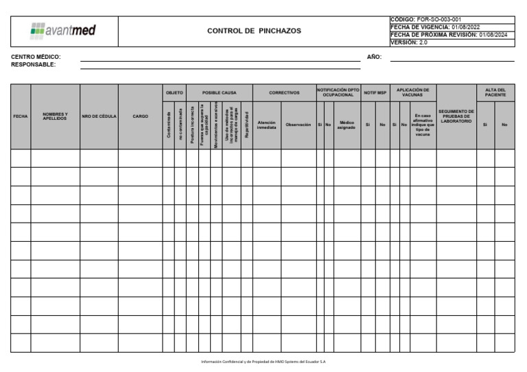 For-SO-003-001. Control de Pinchazos. | PDF | Medicina | Medicina CLINICA