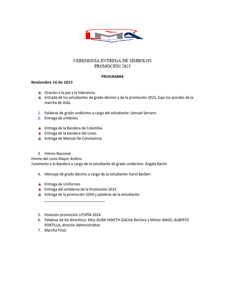 Programa Entrega de Simbolos 2023 | PDF | Colombia