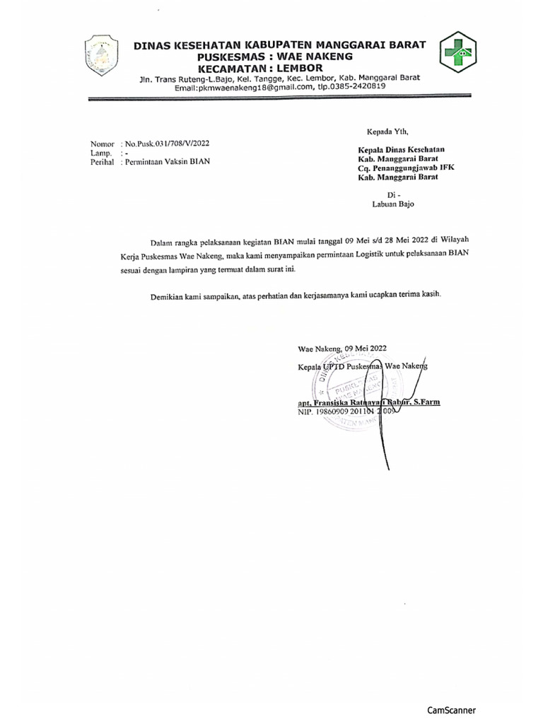 Contoh Surat Permintaan Vaksin BIAN | PDF