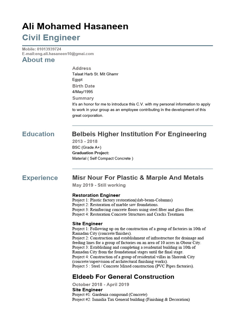 ENG - ALI Hasaneen CV | PDF | Concrete | Engineering