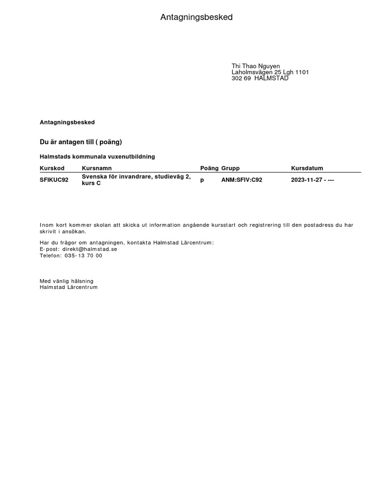 Antagningsbesked VUX 205093 | PDF