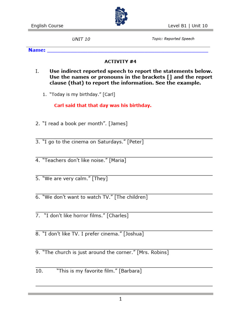 Exercise 4 - Reported Speech, Grammar (Unit 4, 9th Week) | PDF