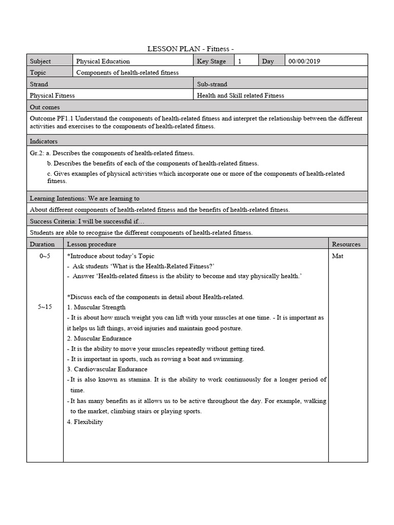 Lesson Plan Fitness PDF | PDF | Physical Fitness | Skeletal Muscle