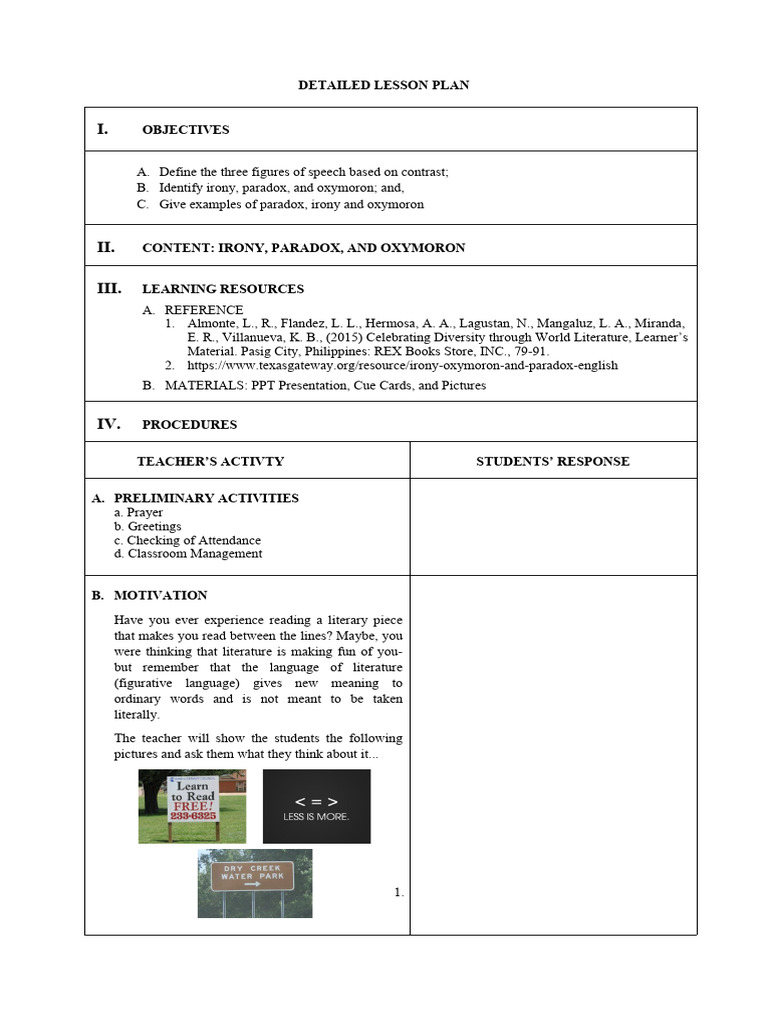 Sample Lesson Plan | PDF | Irony | Truth