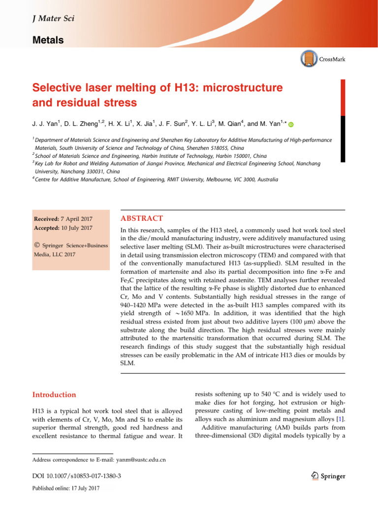 2017-Selective Laser Melting of H13 Microstructure | PDF | Transmission Electron Microscopy ...