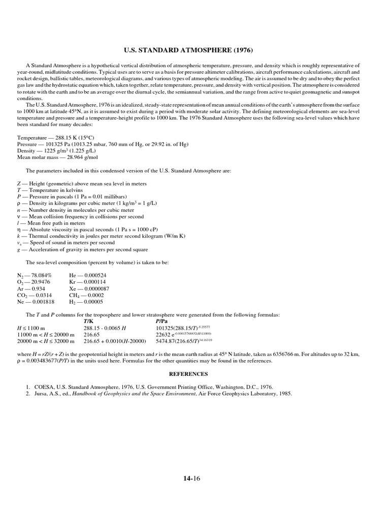 U.S. Standard Atmosphere (1976) : T/K P/Pa | PDF | Pressure | Atmosphere