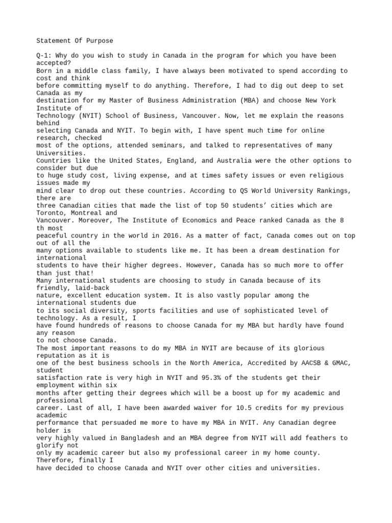 SOP Sample | PDF | Master Of Business Administration | Marketing