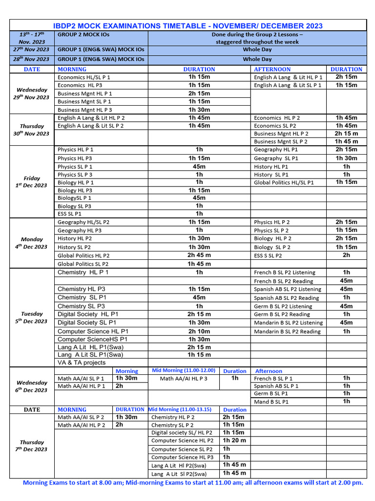 Ibdp2 Mock Examinations Timetable | PDF