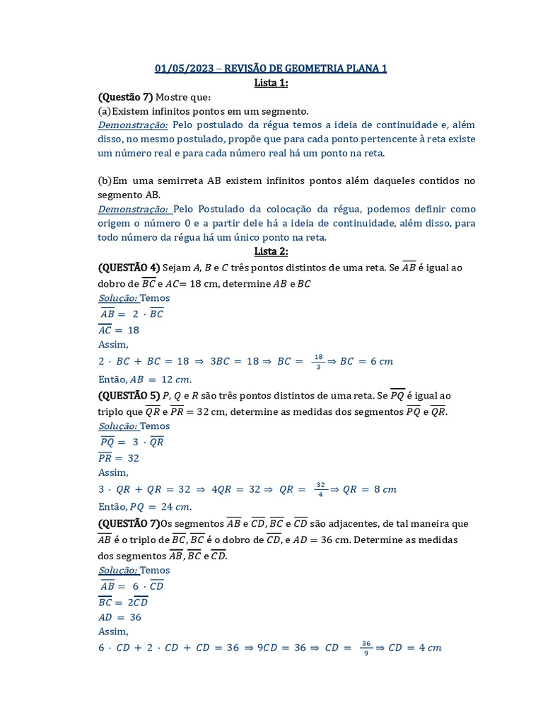 Revisão de Geometria Plana 1 | Download grátis PDF | Linha (Geometria) | Geometria Euclidiana