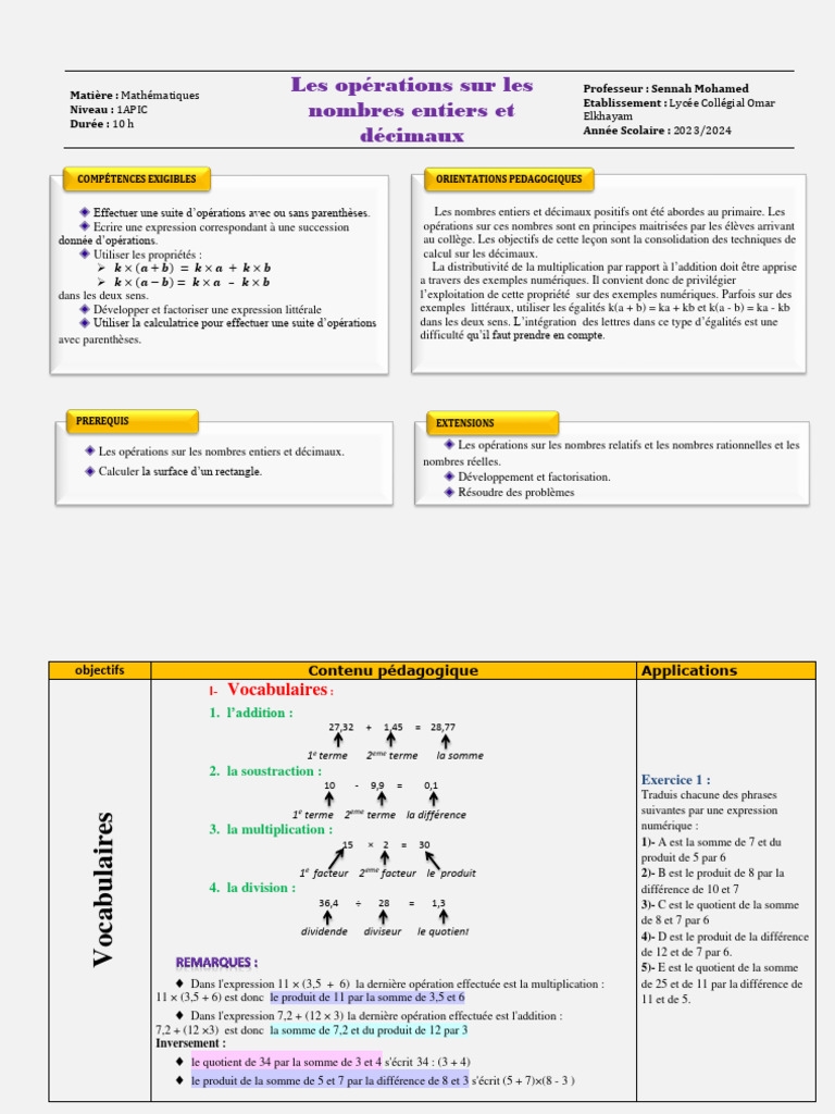 Opérations sur entiers et décimaux 1APIC | PDF | Entier relatif ...